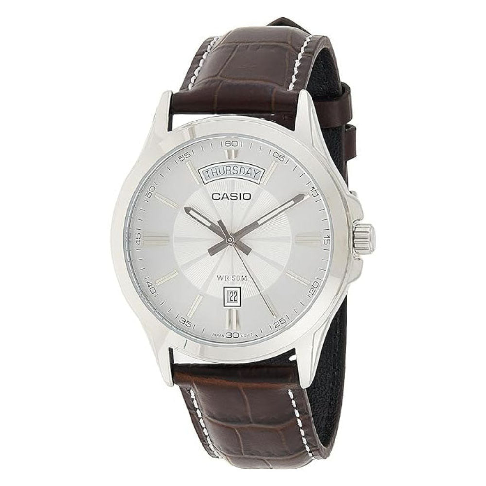 Casio Men's Silver dial Brown Band Analog Quartz Watch - MTP-1381L-7AV — WatchCo