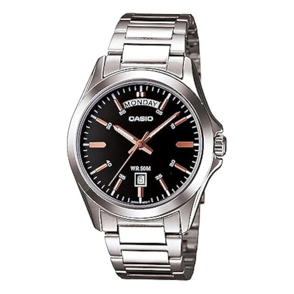 Casio Men's Black Dial Silver-Tone Stainless Steel Band Analog Japanes ...