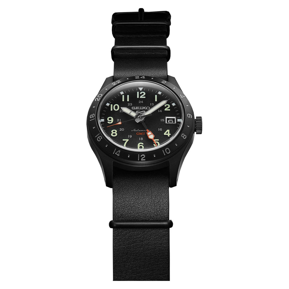 Seiko 5 Sports Field GMT Men's Black Dial Black leather Strap Automati ...