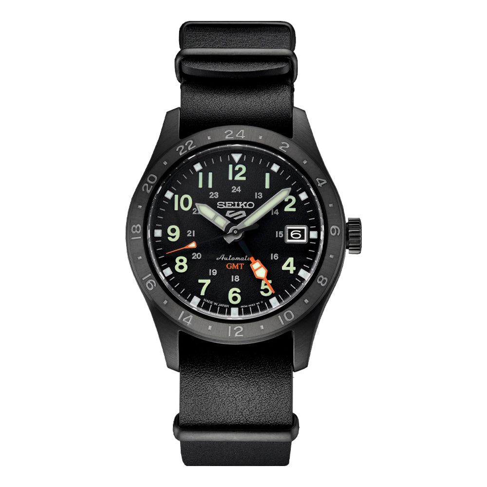 Seiko 5 Sports Field GMT Men's Black Dial Black leather Strap Automati ...