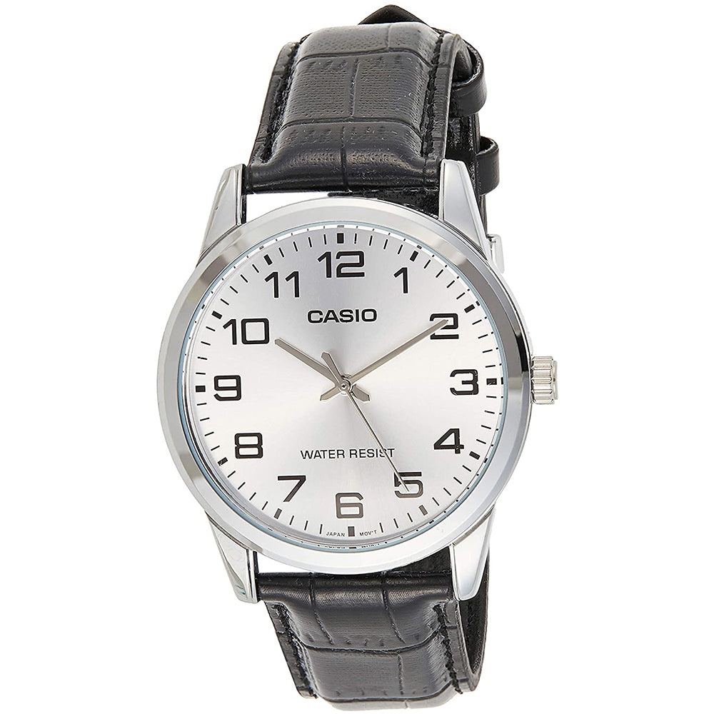Casio Mens Black Leather Strap Easy Reader Silver Dial Analog Quartz W ...
